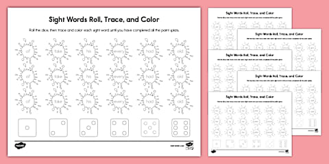 Kindergarten Spring Sight Words Roll, Trace, and Color Worksheet