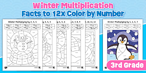 Third Grade Summer Multiplication Facts to 12x Color by Number Worksheets