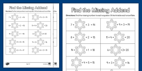 First Grade Winter Missing Addends to 20 Worksheet