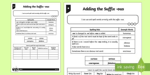 ous Suffix Word Cards