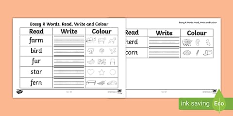 Bossy R Words Read Write and Colour Worksheet
