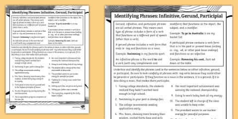 Identifying Infinitives and Infinitive Phrases Worksheet for 6th-8th Grade