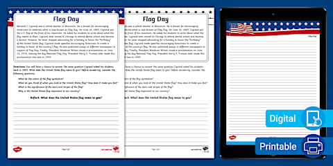 Fifth Grade Flag Day Reading Passage Comprehension Worksheet