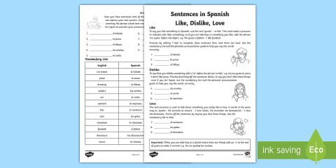 Hobbies I Like and Dislike Worksheet Spanish