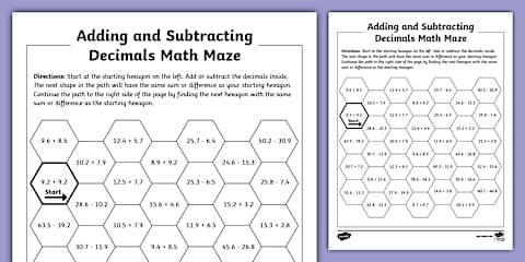 Sixth Grade Adding Decimals Hexagon Math Maze