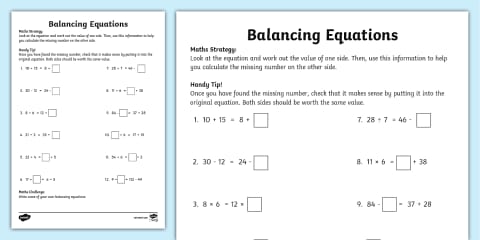 Equivalent Equations Using Missing Numbers Activity Sheet