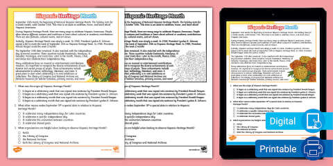 Fifth Grade Hispanic Heritage Month Reading Passage Comprehension Worksheet