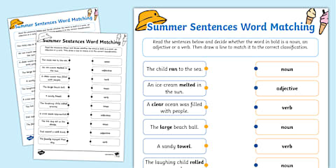 First Grade Summer Noun, Verb, or Adjective Coloring Worksheet