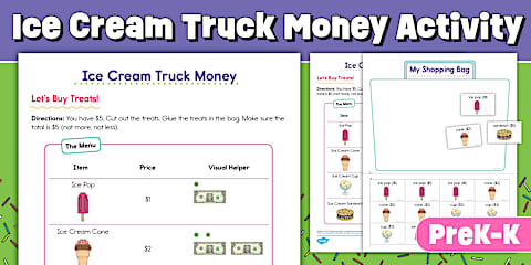 Second Grade Ice Cream Money Sort Practice Cut and Paste Worksheet