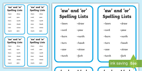 'aw' Sound Spelling List Cards