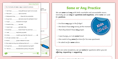 ESL Some and Any Activity Sheet for Teens