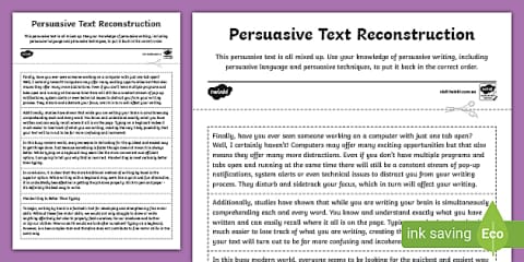 Persuasive Text Puzzle Worksheet