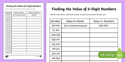 Place Value Reading and Writing 6-Digit Numbers Worksheet