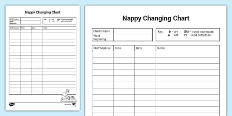 Nappy Changing Record Sheet for Private Childcare Settings