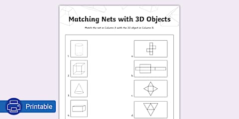 Match the 3D Nets Math Worksheet for 3rd-5th Grade