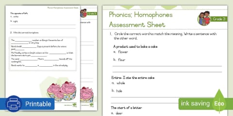 Grade 3 Phonics: Homophones: Homework Sheet