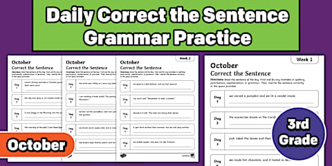 Third Grade November Daily Correct the Sentence Grammar Practice