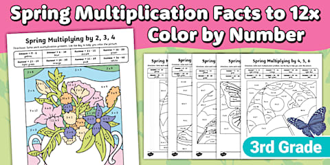Third Grade Summer Multiplication Facts to 12x Color by Number Worksheets