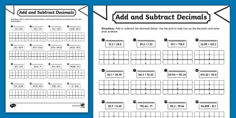 Adding and Subtracting Decimals Practice Worksheets for 3rd-5th Grade