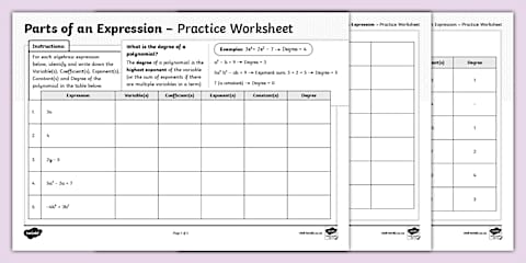 Sixth Grade Identifying Parts of an Expression Worksheet