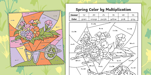 Third Grade Spring Multiplication Facts to 12x Color by Number Worksheets