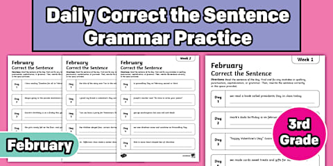 Fourth Grade February Daily Correct the Sentence Grammar Practice