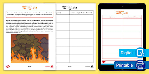 Third Grade Wildfires Reading Passage Comprehension Worksheet