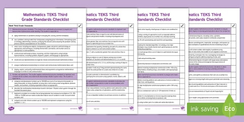 Mathematics TEKS Fourth Grade Standards Checklist