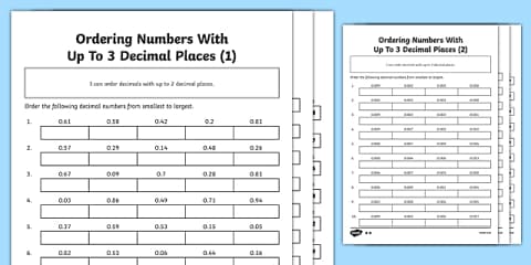 Comparing Decimals Worksheets