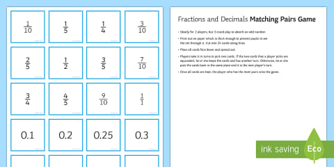 Matching Fractions and Decimals Interactive Game