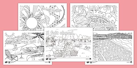 French: At the Beach Doodle Colouring Pages