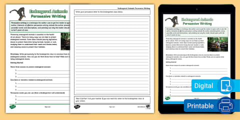 Fourth Grade Endangered Animals Persuasive Writing Worksheet
