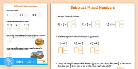 KS2 Maths Subtract Two Mixed Numbers Activity Sheets