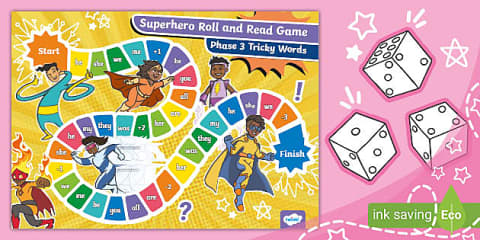 Superhero Roll and Read: Phase 4 Tricky Words Phonics Game