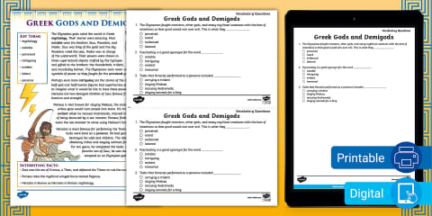 Greek Gods and What They Stood For Research Worksheet for 3rd-5th Grade