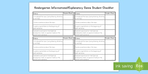 Kindergarten Narrative Writing Genre Student Checklist