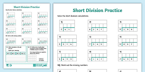 Bus Stop Method: Formal Division of 3 Digit Numbers Worksheet