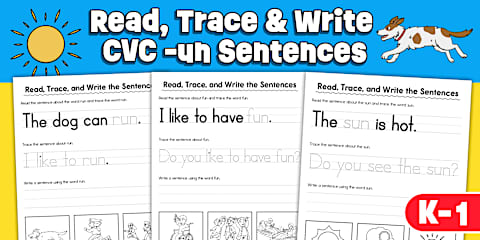 Read, Trace, and Write CVC -ot Word Family Worksheets for K-1st Grade