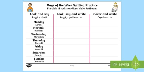 Days of the Week A4 Display Poster English/Italian