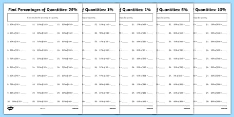 Percentage Problems Year 5 Worksheet
