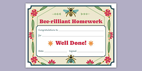 Editable Homework Award Certificate