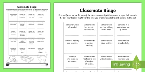 Class Welcome Transition Bingo Board