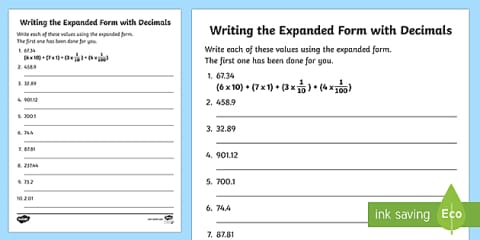 Fifth Grade Decimal Expanded Form Matching Worksheet