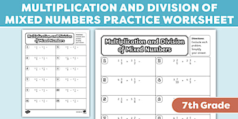 Seventh Grade Math Basic Skills Fraction Operations Review Worksheet