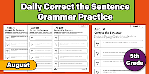 Fifth Grade November Daily Correct the Sentence Grammar Practice