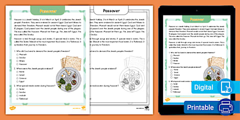 Eighth Grade What is Passover? Reading Comprehension Worksheet