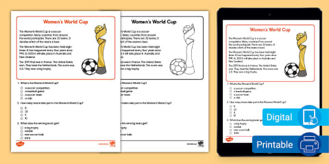 Second Grade Women's World Cup Reading Passage Comprehension Worksheet