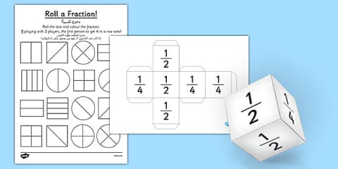 Year 1 Roll a Fraction Worksheet Arabic