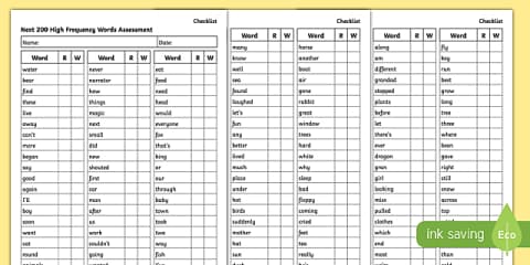 First 100 High Frequency Words Assessment Checklist