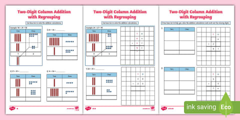 Two-Digit Column Addition without Regrouping using Base Ten Worksheet